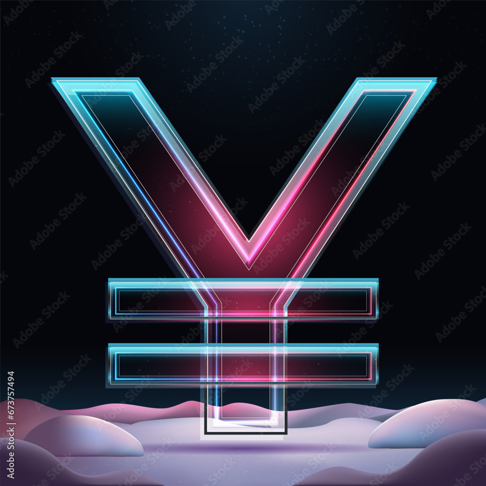 Realistic 3D rendering big glass Jena and Yuan sign. Asian money sing ...