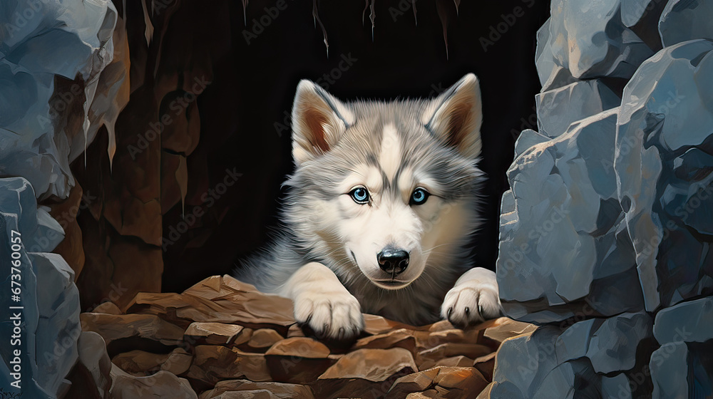 Husky emerging from an ancient, icy cave, its eyes telling stories of ...