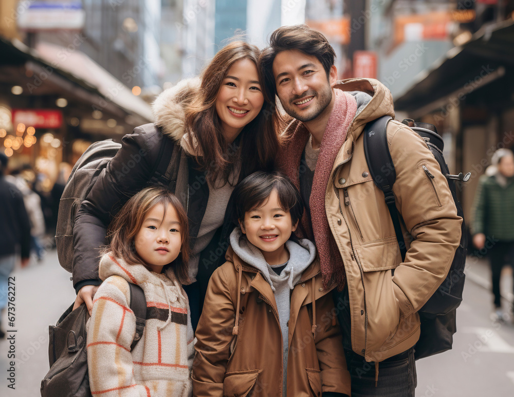 Positive smiling asian family taking photo portrait together. Parents ...