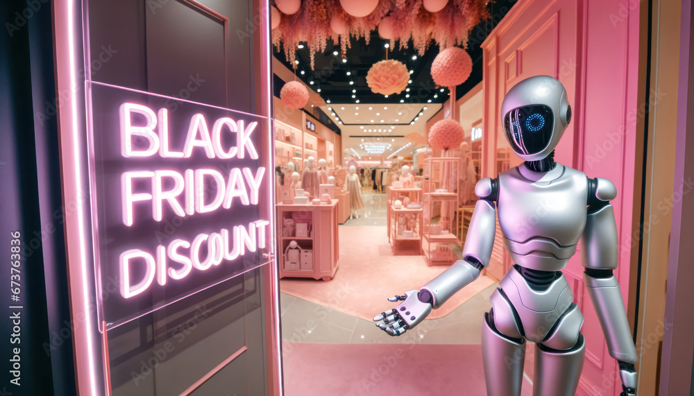 In a futuristic shop, a cartoon robot stands tall amidst a sale, its ...