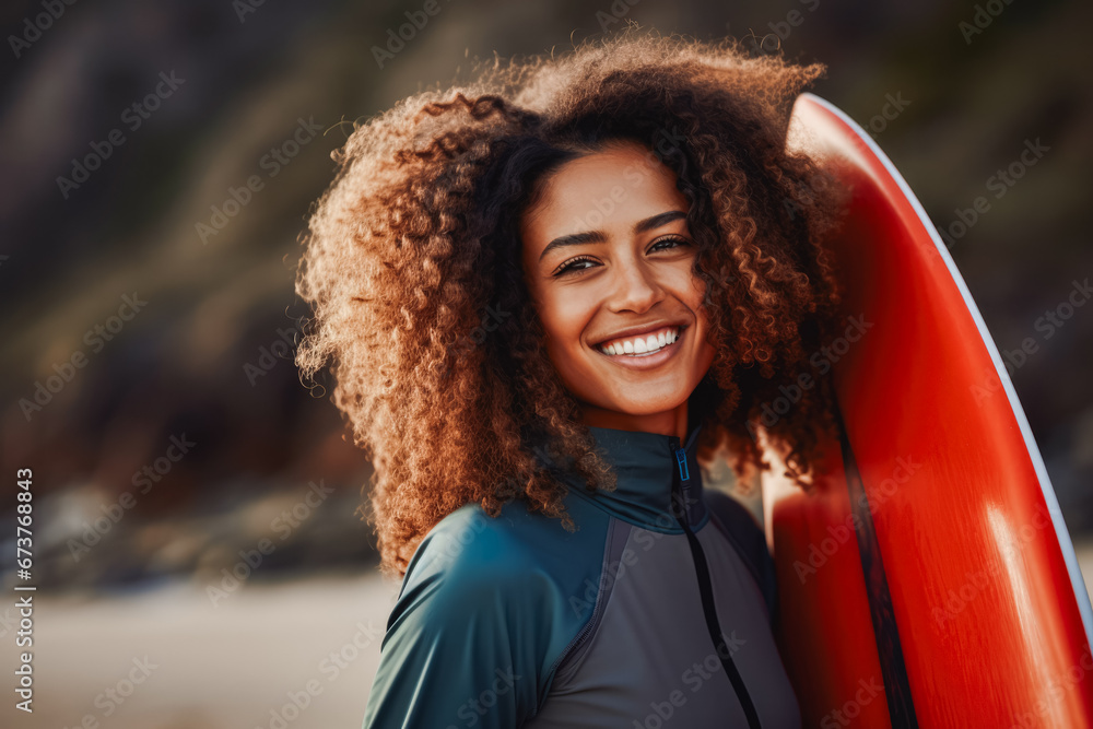 Black female surfer on the beach with surfboard in hand. Beautiful ...