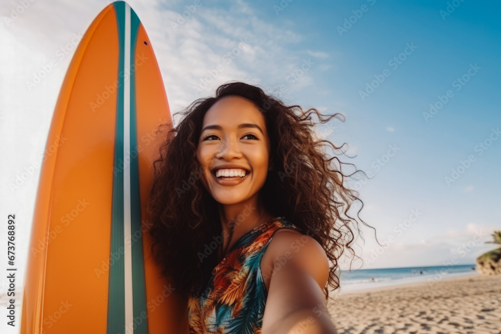 Happy filipino surfer on the beach with surfboard in hand. Beautiful ...