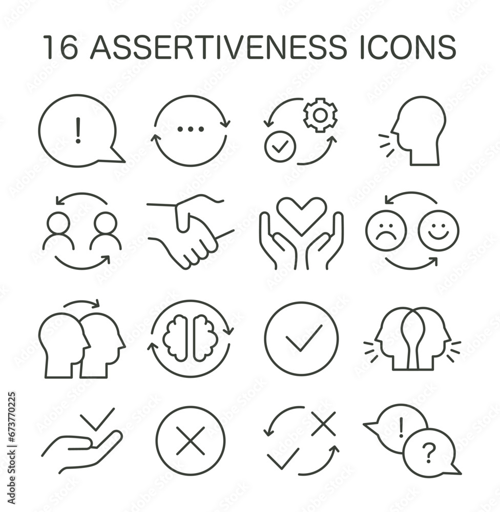 Assertiveness icon set. Articulate self-expression and clear ...