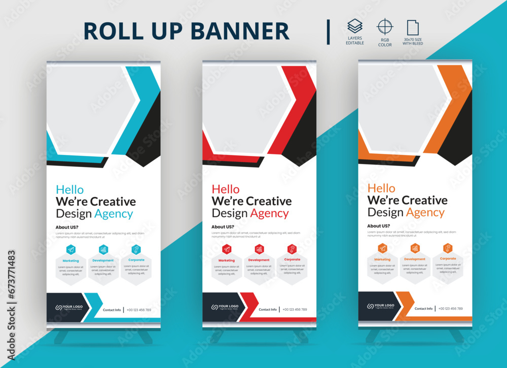 oll up banner stand template design, blue banner layout, advertisement ...