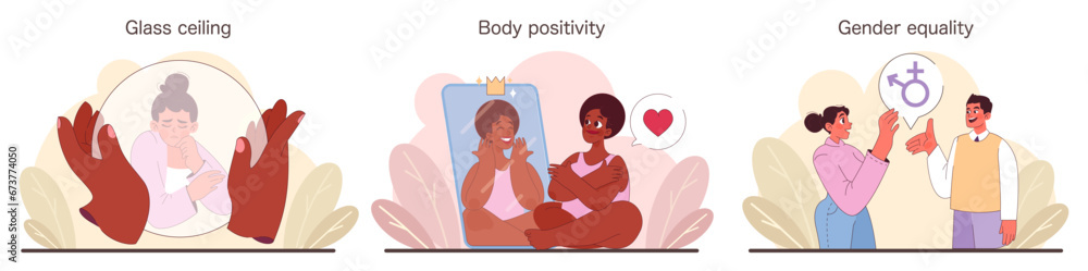 A confident woman showcases various scenes of empowerment, from gender ...