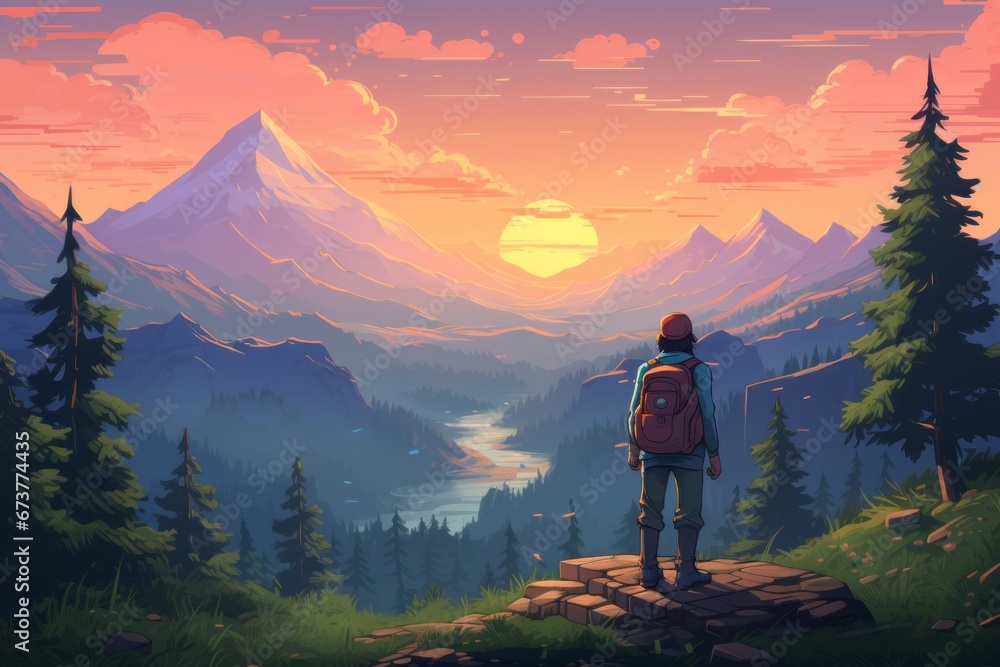 Pixel art depiction of an adventurous explorer that is looking at ...