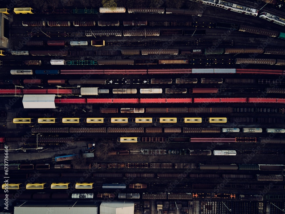 Aerial photo of railway lines, railway junction with trains. Freight ...