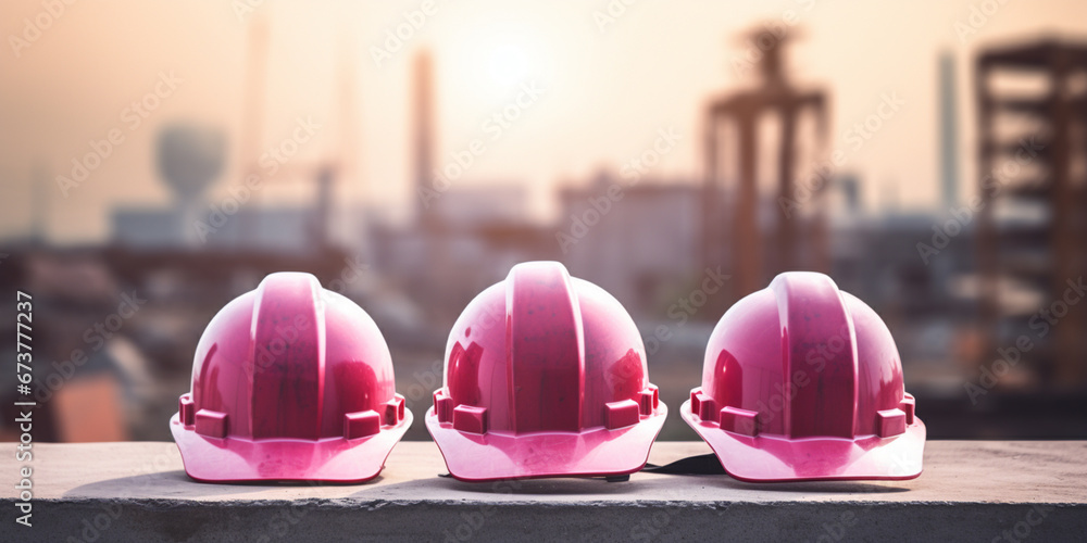 Pink Safety Construction Worker Hats with Construction Blurred Blue ...