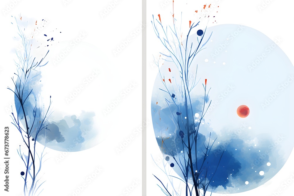 two paintings of trees with blue and red leaves. Abstract Sapphire ...