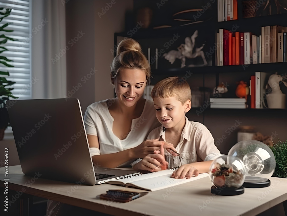 mother and son are doing his homework, online education, they are ...