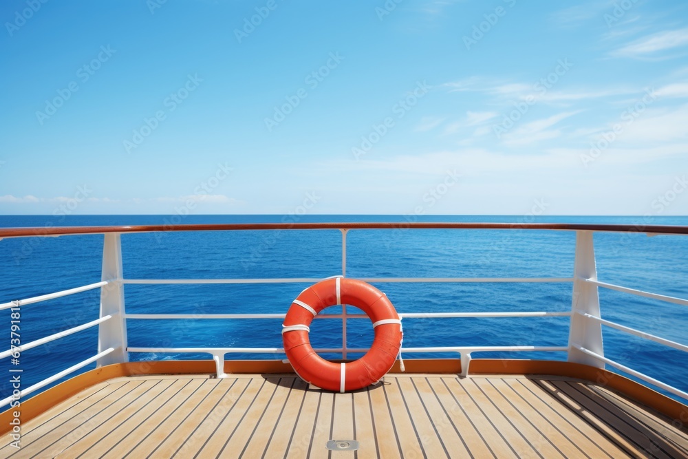 Luxury cruise ship deck view with red lifebuoy on fense in sea ...