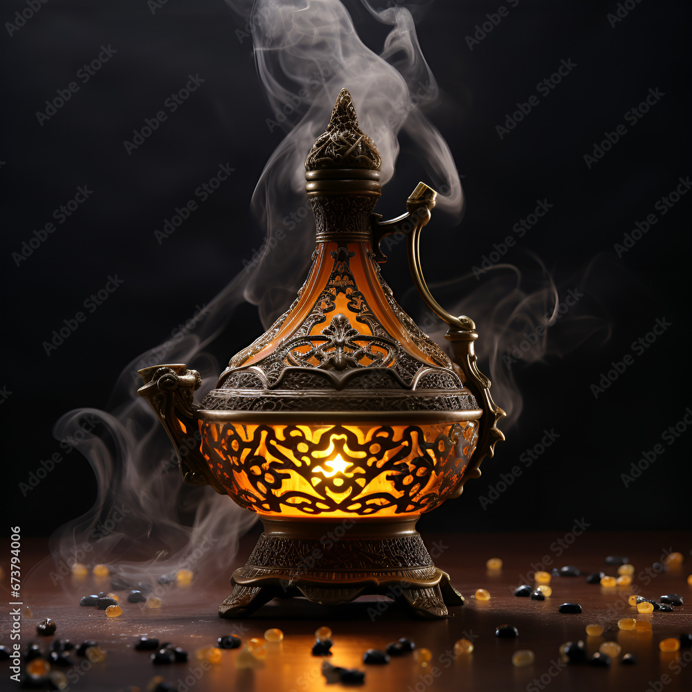 An incense burner made of glass with dramatic smoke on it Wooden ...