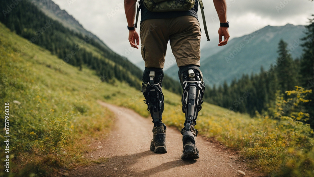 Man hiking in the woodland with bionic leg prostheses. Stock Photo ...