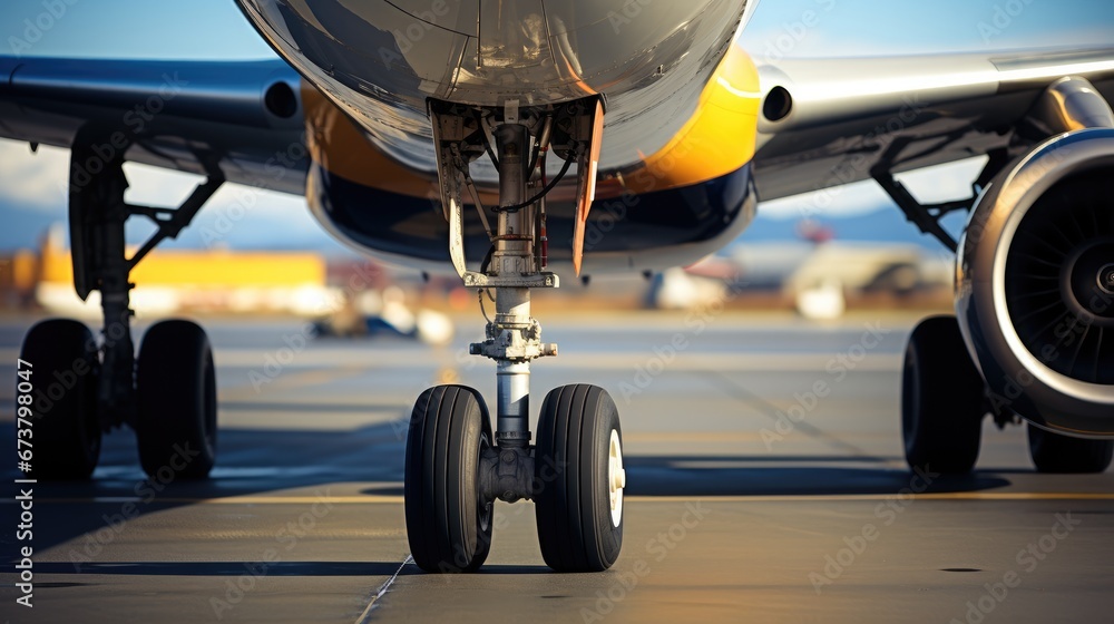 Landing gear of an airplane, Shot of detailed landing gear on a ...