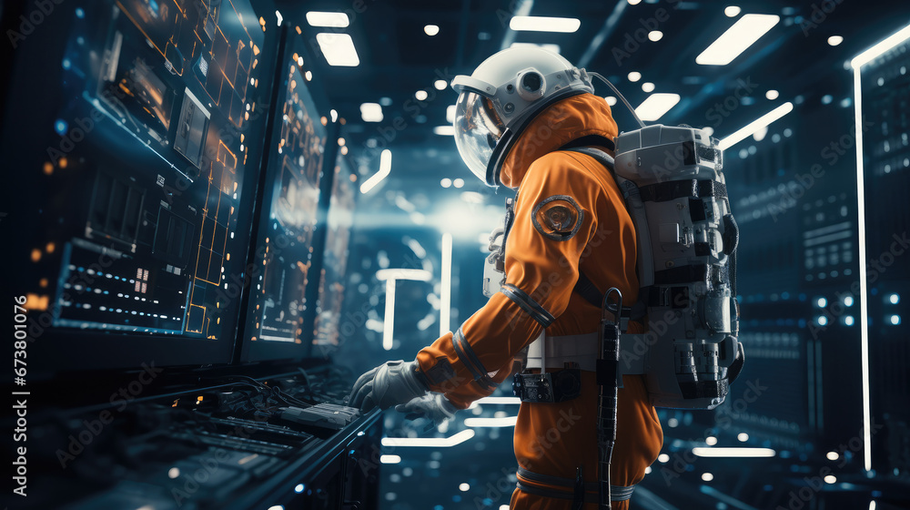An astronaut doing a data center server rack maintenance, Floating in ...
