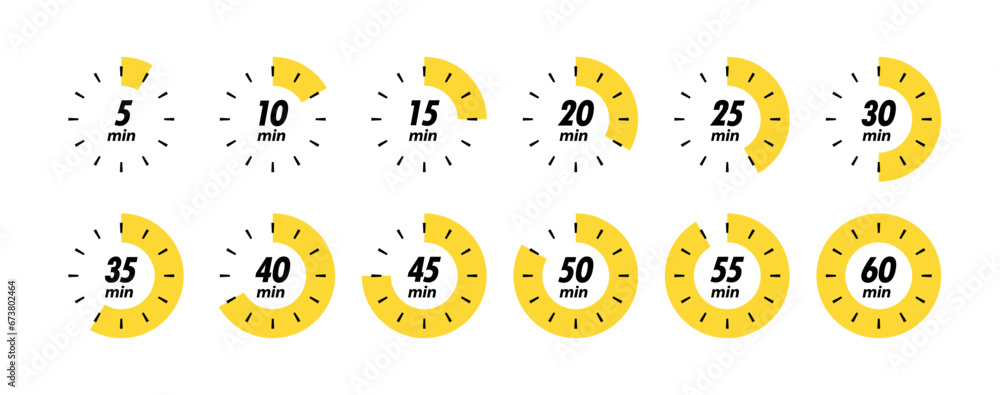 Timer, clock or stopwatch dial with different meanings from 5 to 60 ...