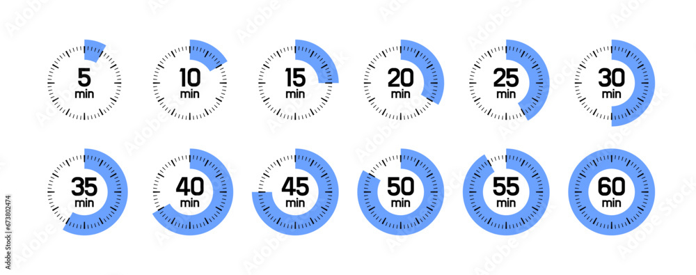 Timer, clock or stopwatch dial with different meanings from 5 to 60 ...