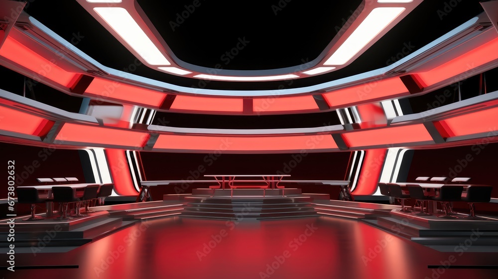 Futuristic TV game show studio design with an interview table on stage ...