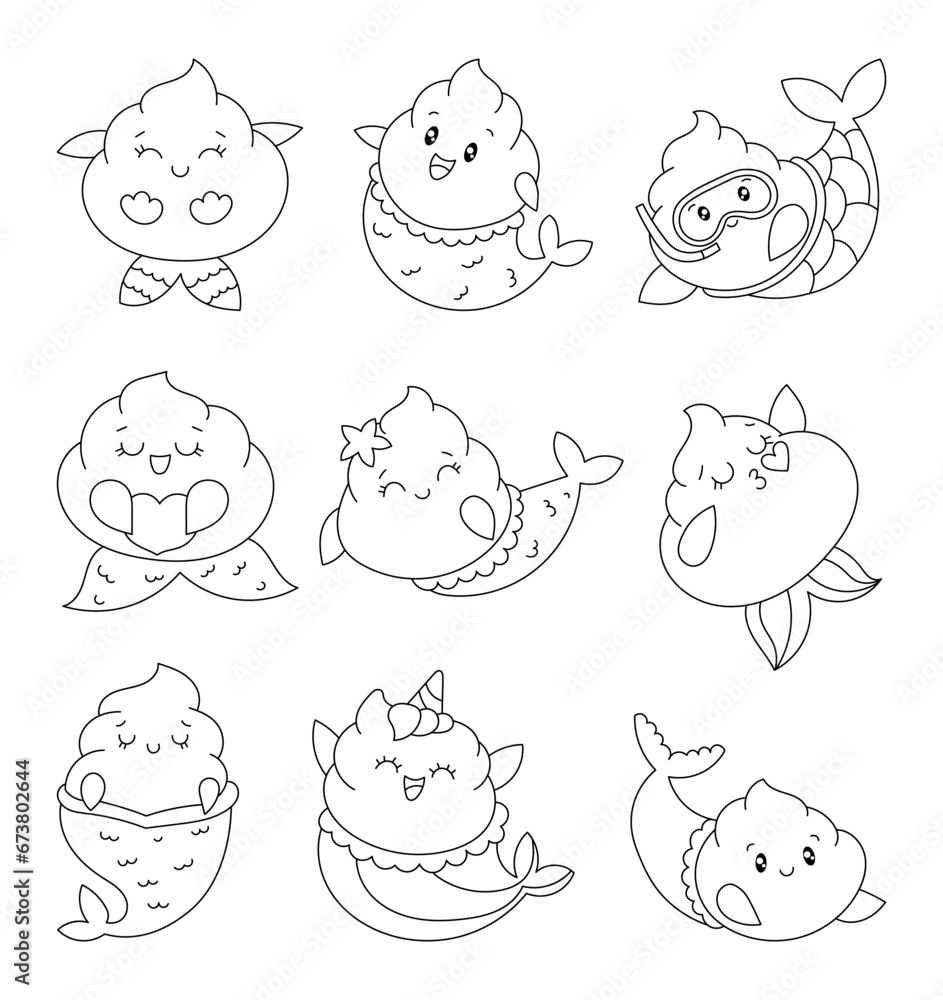 Cute poop mermaid characters. Coloring Page. Funny kawaii excrement ...