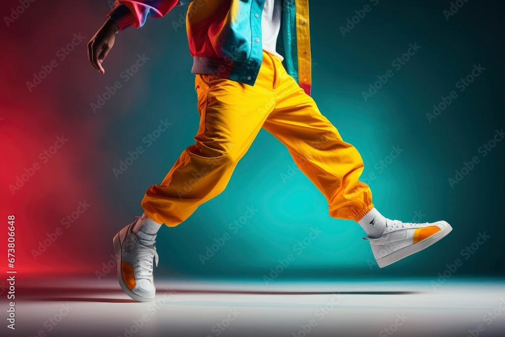 Hop dancer performing. Legs of a male hip hop dancer, cropped image of ...