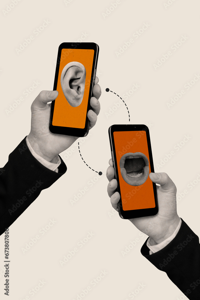 Vertical collage picture of black white colors arms hold smart phone ...