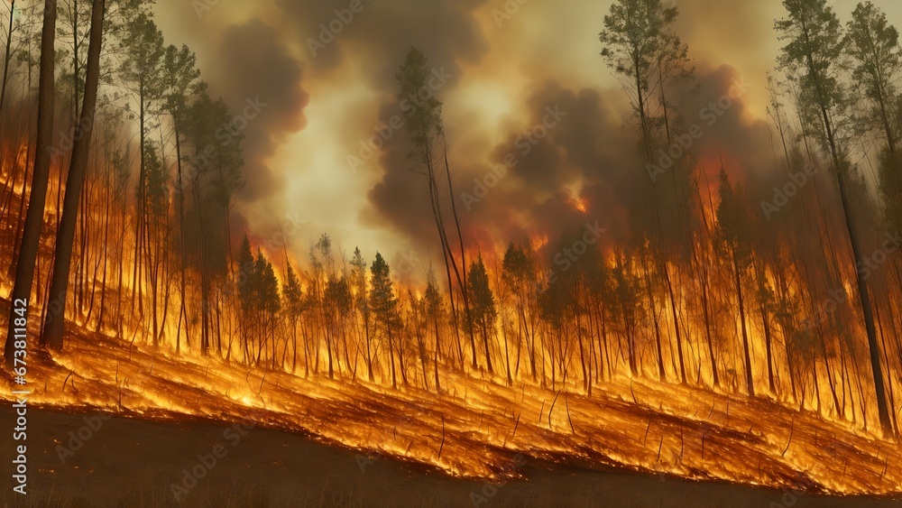 A catastrophic wildfire blazes with uncontrolled fury through a dense ...