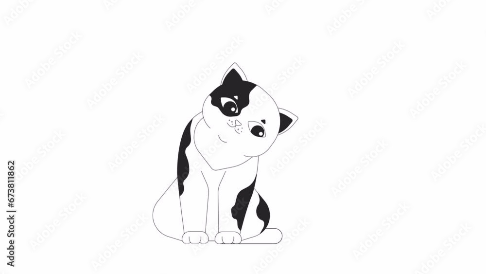 Cute spotted cat tilting head bw outline 2D character animation ...