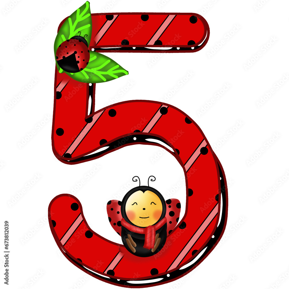 Number five, ladybug pattern The image has a white background and is ...