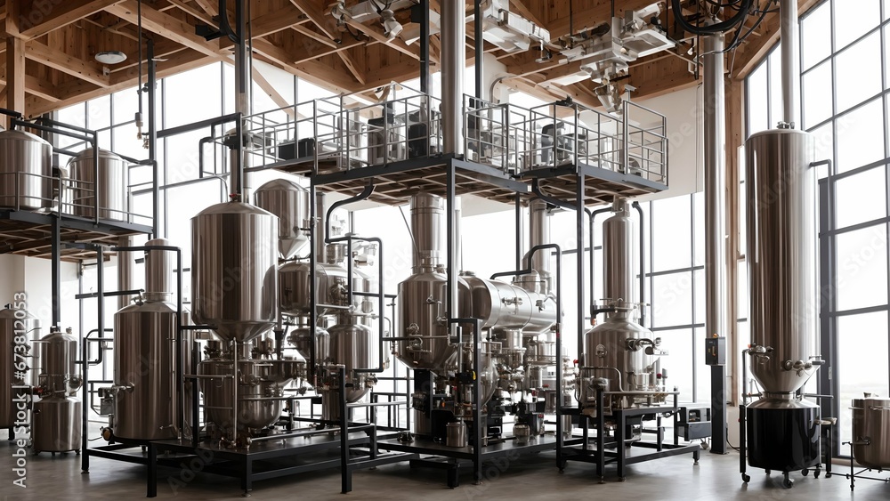 Craft beer brewing industrial interior with stainless steel ...