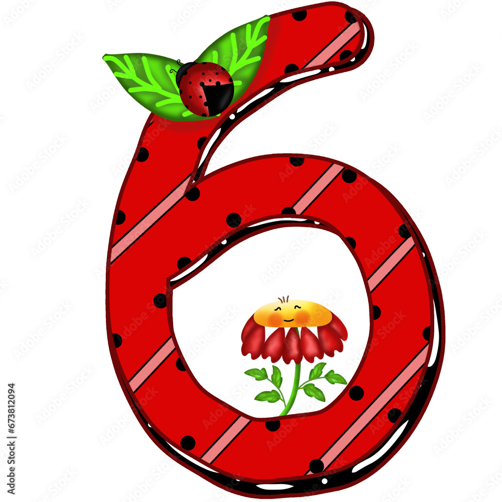 Number six, ladybug pattern The image has a white background and is ...