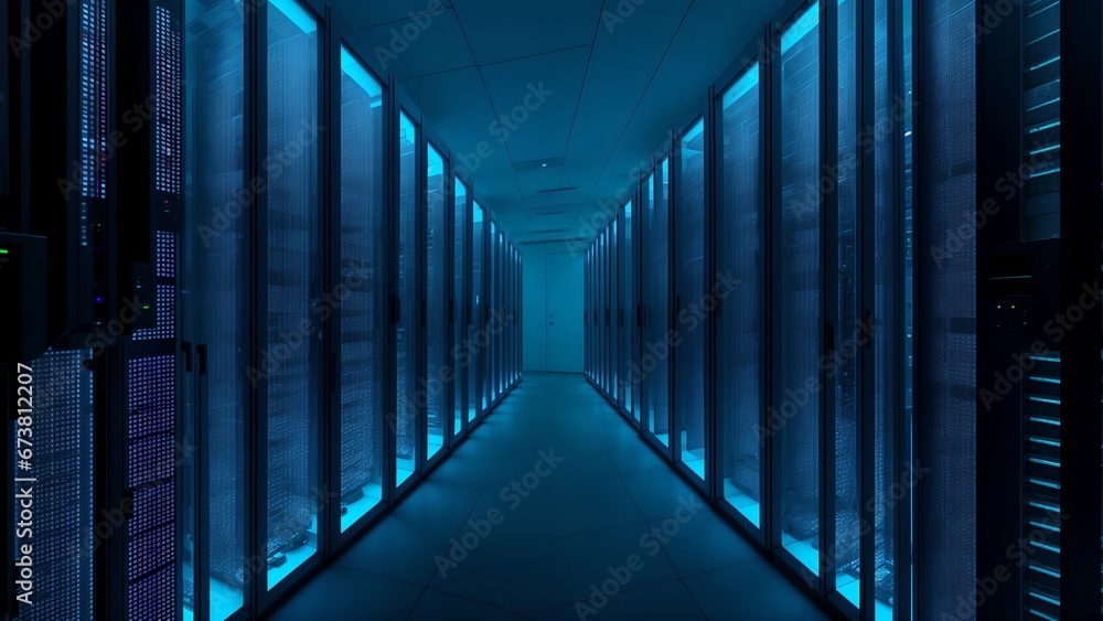 Futuristic data center featuring rows of high-performance servers with ...