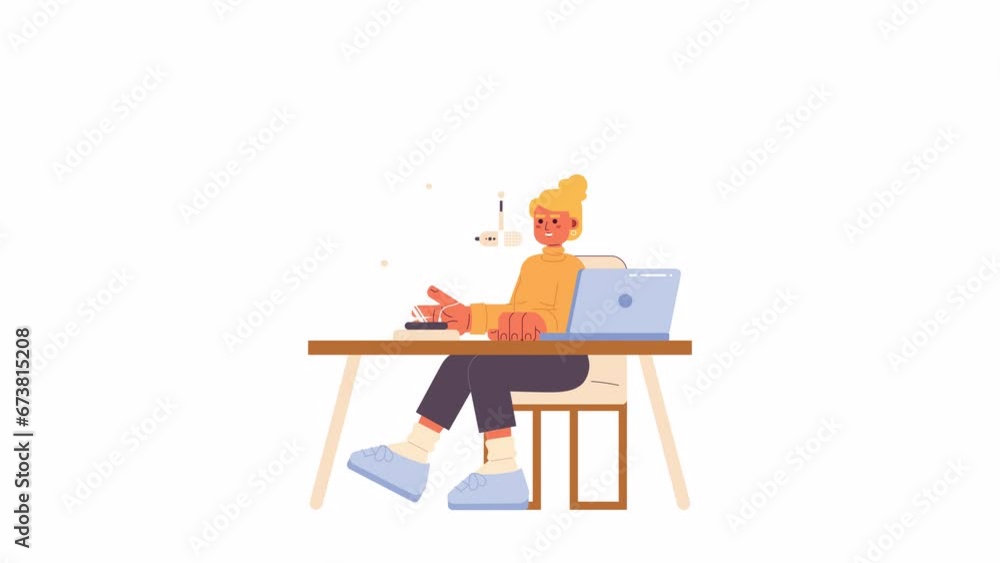 European woman speaking into mic stand 2D character animation. Notebook ...
