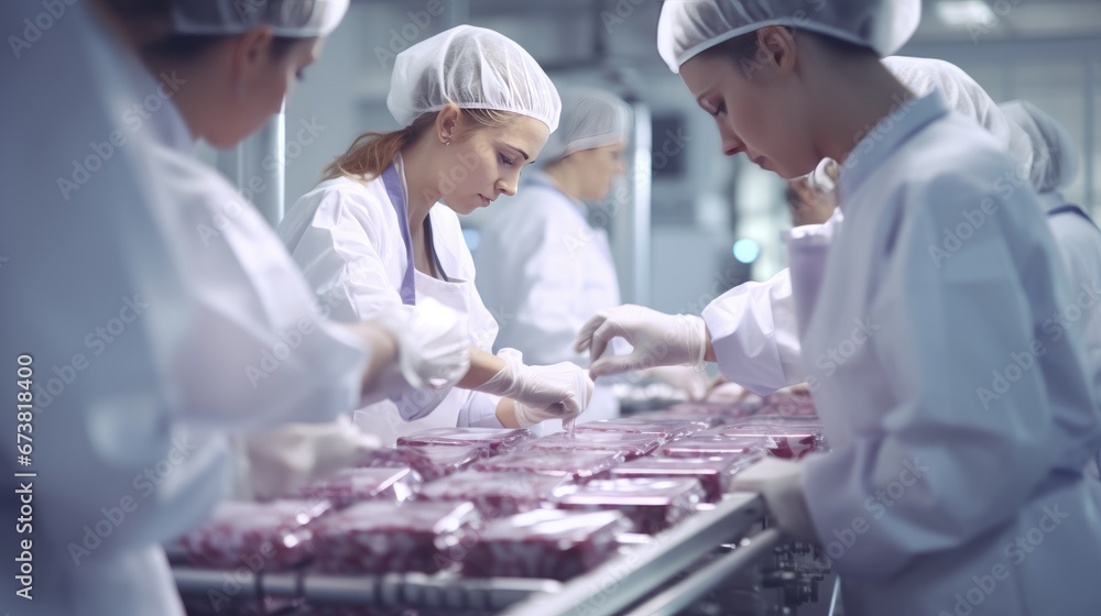 a group of workers in a food processing factory Stock Photo | Adobe Stock