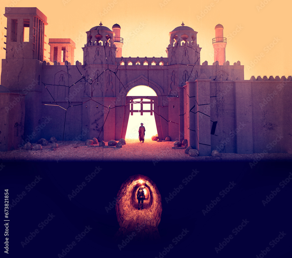 Middle Eastern city, buildings bombed end destroyed. Military ...