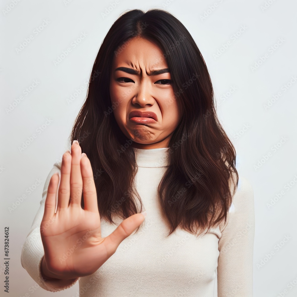 The girl with disgust on her face refuses showing a stop gesture with ...