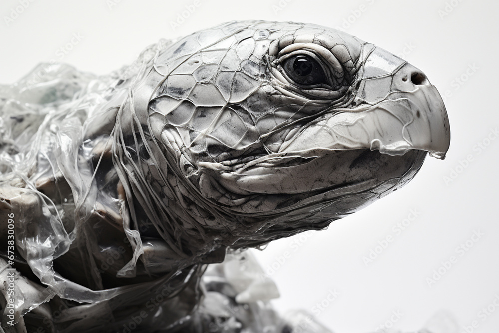Close up Ocean Turtle Wrapped with Plastic and fishnet. Plastic ...