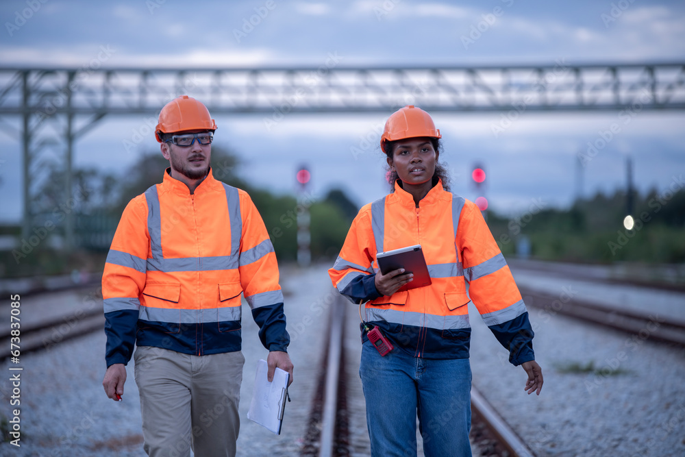 Engineer under discussion inspection and checking construction process ...