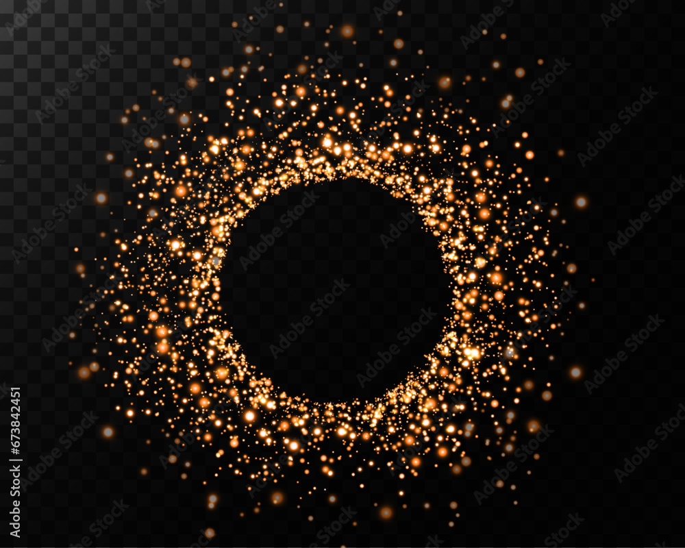 Golden neon ring. Round shape with small particles of golden dust and ...