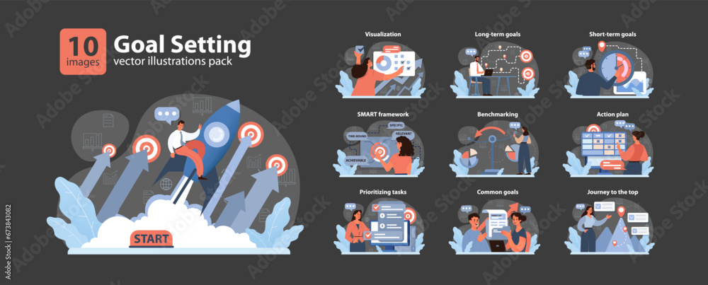 Goal Setting set. Inspiring journey from start to success ...