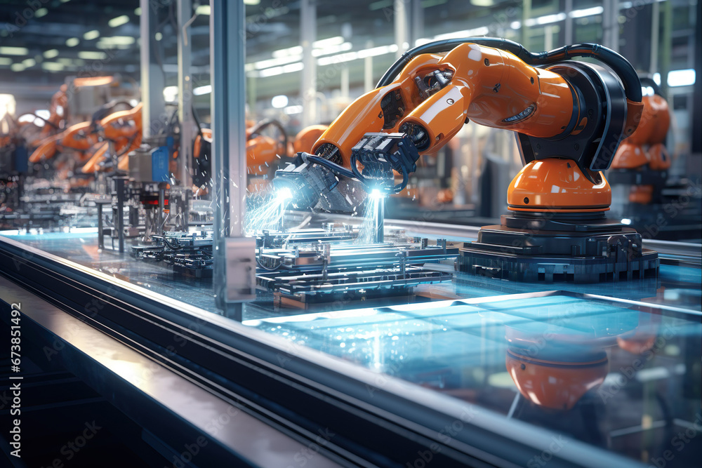 Robotics and Automation: Robotic Arms at Work in a Factory Stock Photo ...