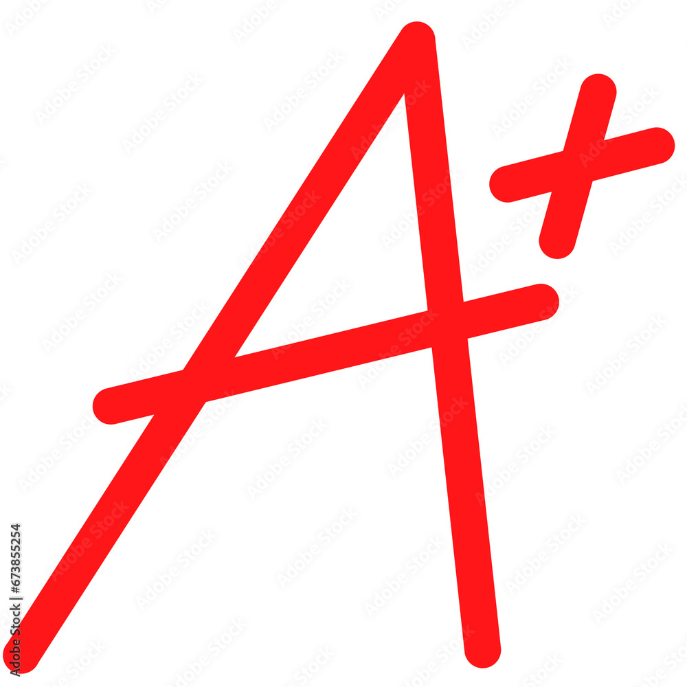 Red A grade letter. Hand drawn grade A with plus on transparent ...