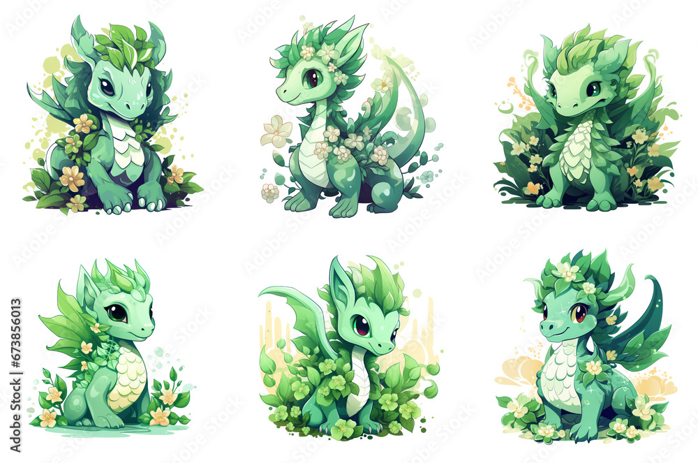 Cute cartoon dragon with flowers set isolated on transparent background ...