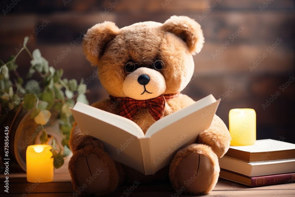 Cute brown teddy bear sits with a book and encourages children to read ...