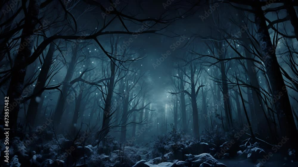 A vast, dark indigo forest, its trees reaching up to the sky like ...
