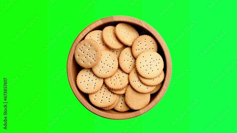 Crackers in a wooden plate, rotate around and zoom on Green Screen ...