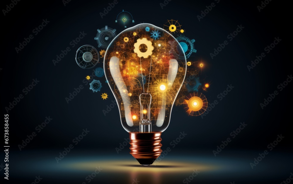 A classic light bulb illuminated over a dark background with various ...