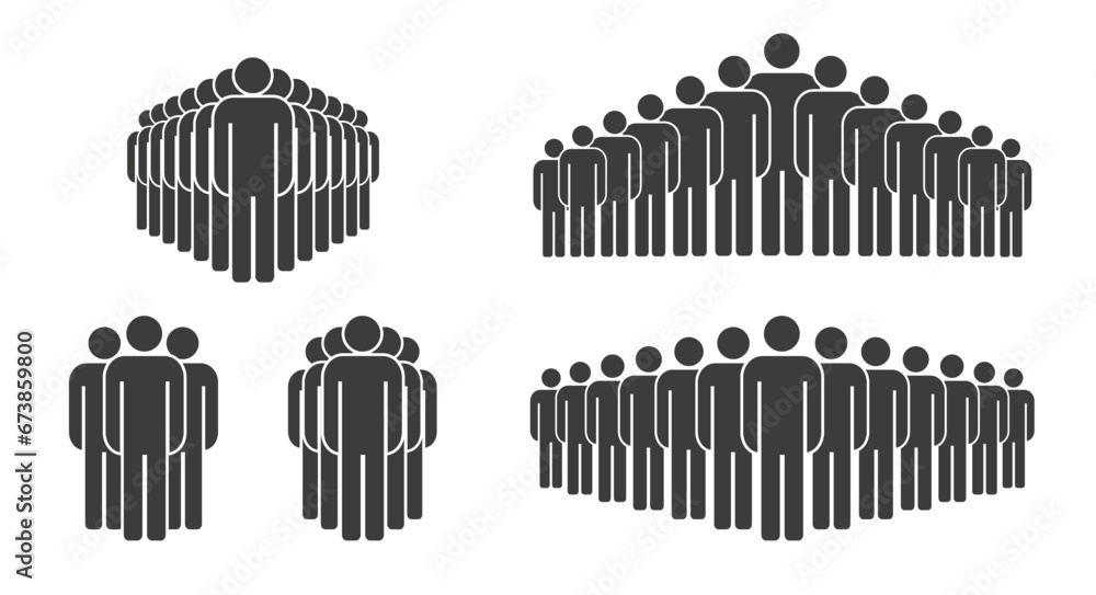 Large and small solid black groups of men. Stick figures people crowd ...
