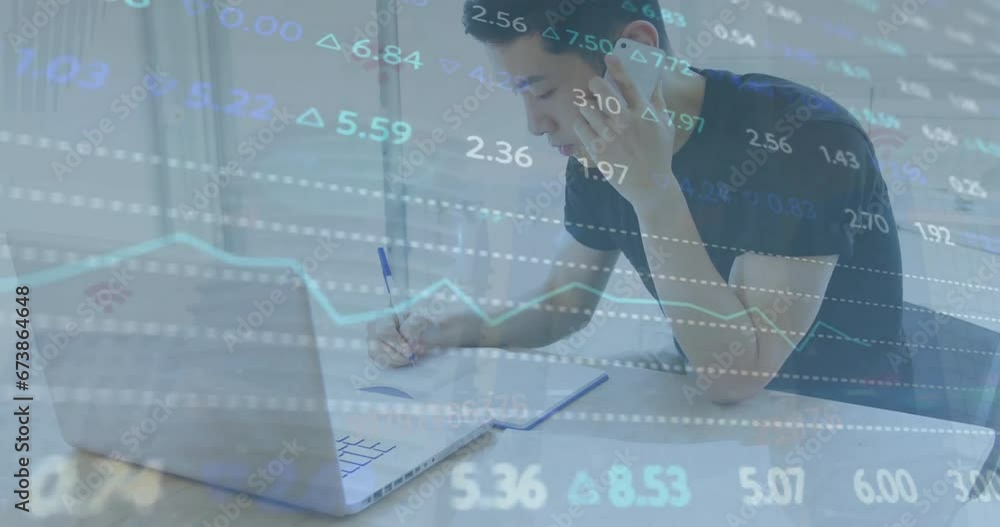 Animation of multicolored trading board over asian man writing on ...