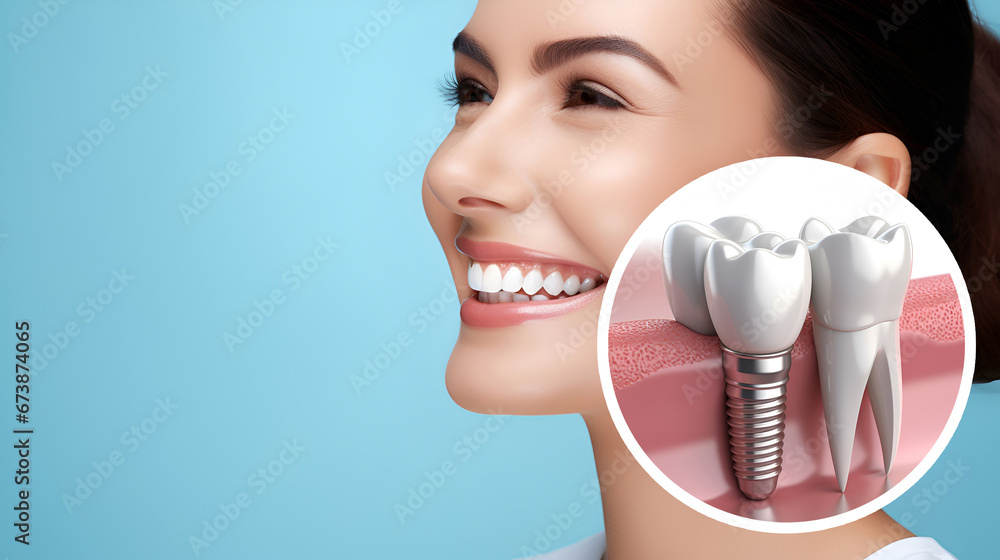 woman smiling with perfect white teeth and with collage macro ...