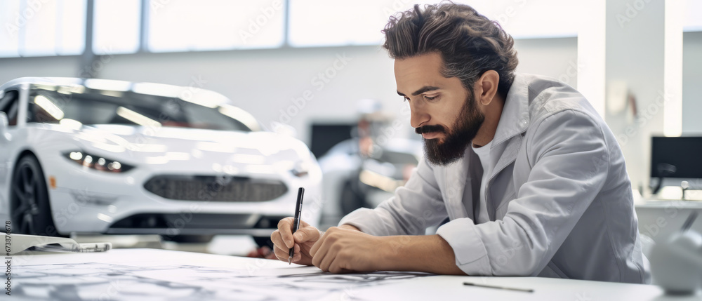 Professional male car designer working in a clean white studio Stock ...